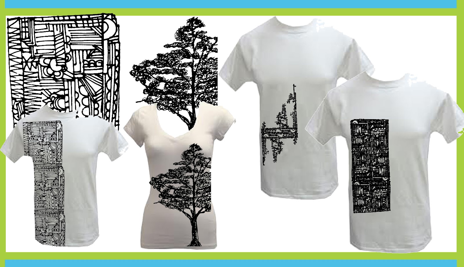 Pen and Ink sketches on Tee Shirts.