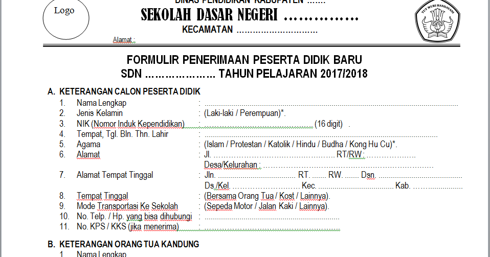 Formulir Pendaftaran Siswa Baru (PSB / PPDB) SD & SMP Tahun 2017 Sesuai ...