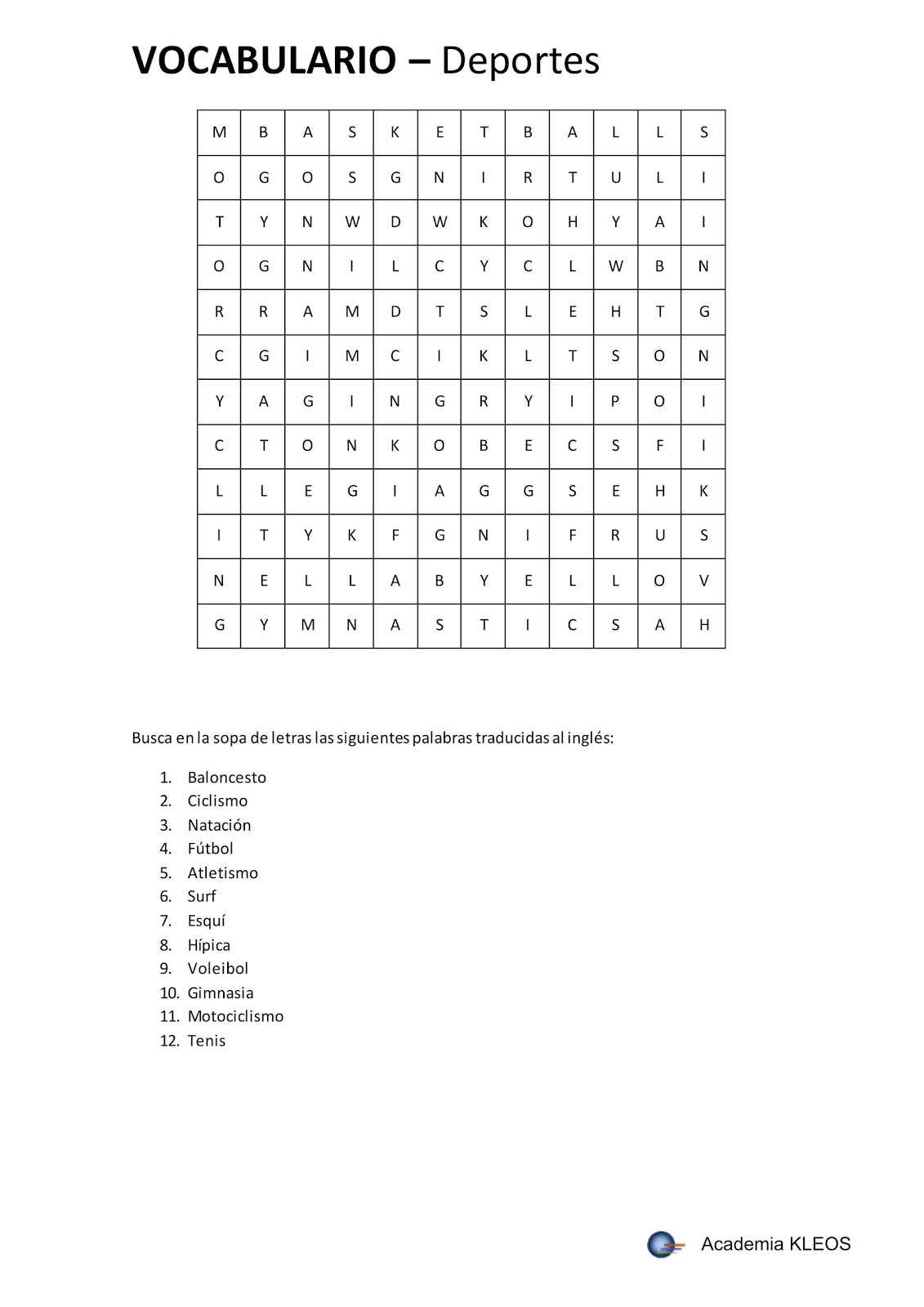Sopa De Letras Deportes