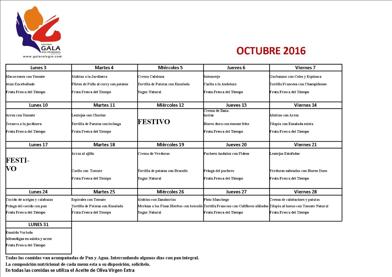 Galerías Digital: Menú del Comedor. Octubre. Colegio Antonio Gala