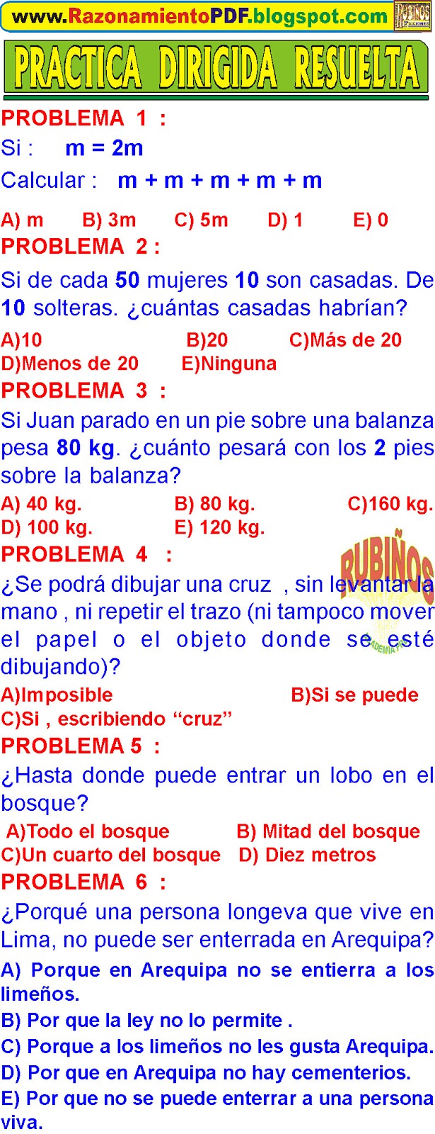 RAZONAMIENTO LÓGICO EJERCICIOS Y PROBLEMAS RESUELTOS EN PDF Y VIDEOS