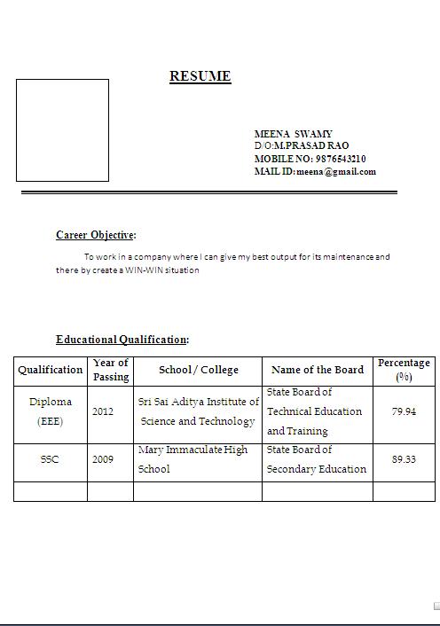 Diploma in Electrical and Electronics Engineering Fresher Resume Format ...