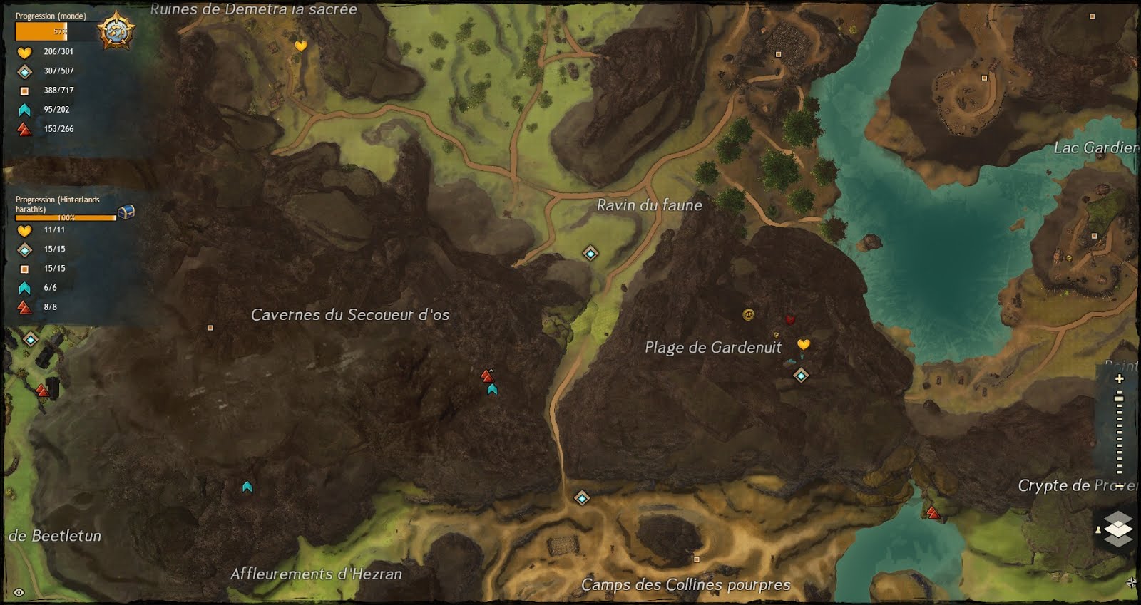 Découvre Guild Wars II: Cartographie Hinterlands Harathis - Zone 35 à 45
