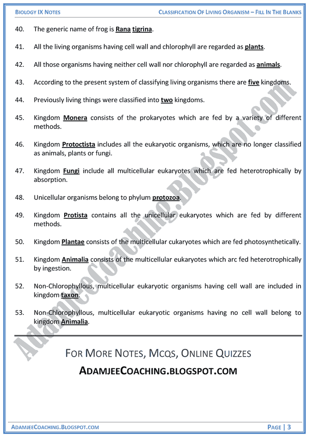 Adamjee Coaching: Classification Of Living Organism - Fill In The ...