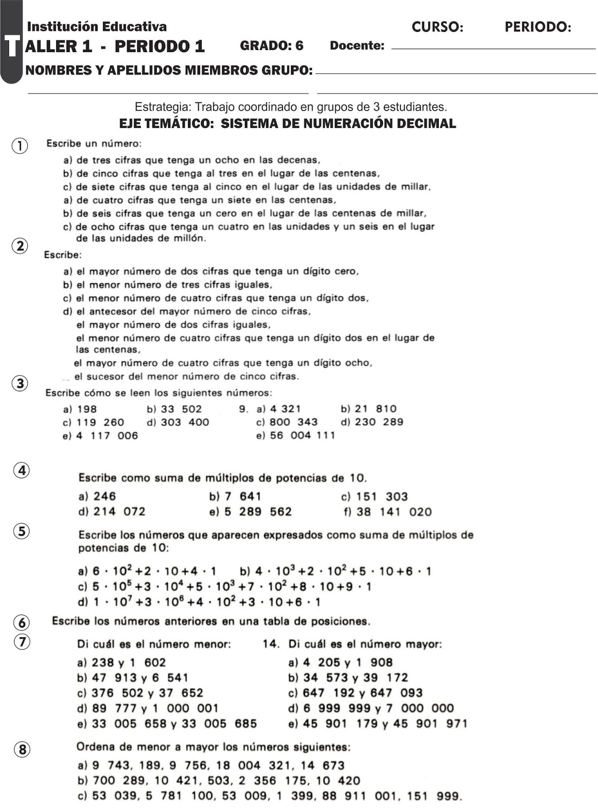 Tema Sistema de Numeración Decimal con Taller (Grados 5 y 6)