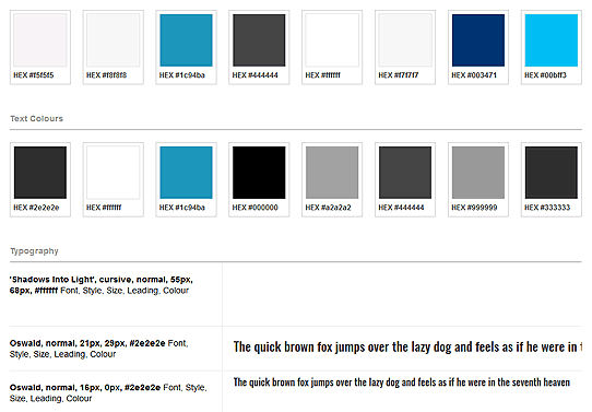 Resumen visual de colores CSS, fuentes y tamaños de imágenes utilizados ...