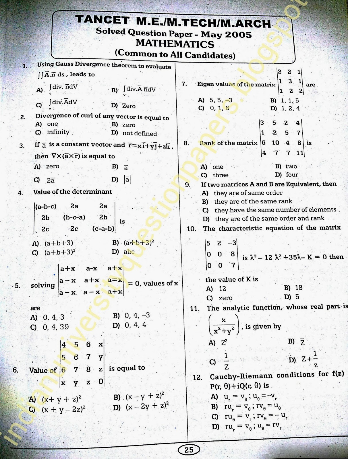 Anna University TANCET-2005 solved question paper for M.E/M.Tech/M.Arch ...