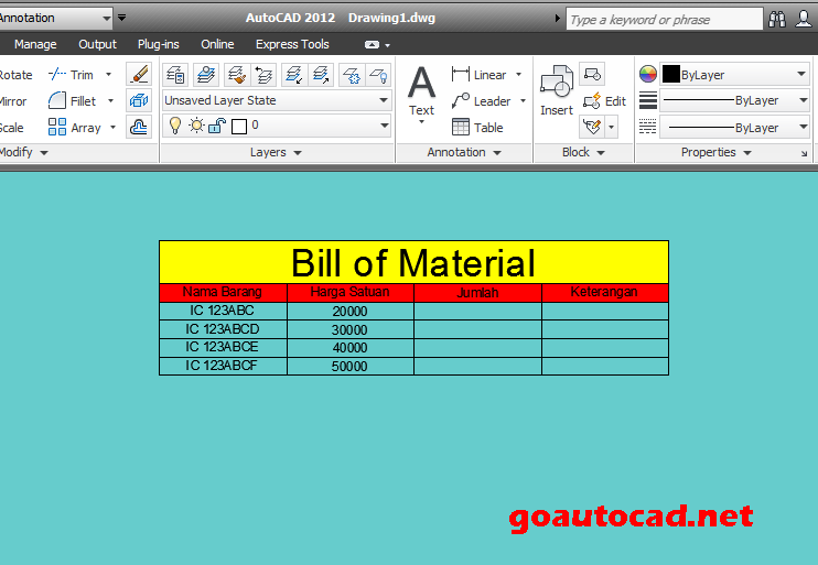 Post 19 : Membuat Bill of Material (BOM) di Autocad - Go Auto CAD