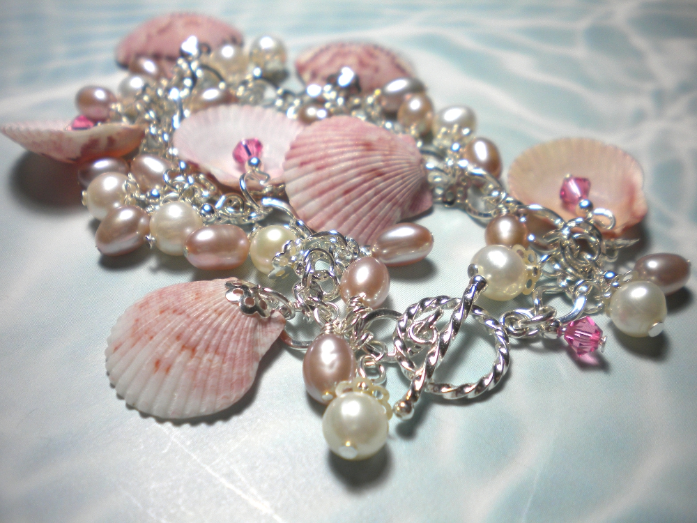 Del's Shells: Pink Seashell Charm Bracelet with Blush Pink and White ...