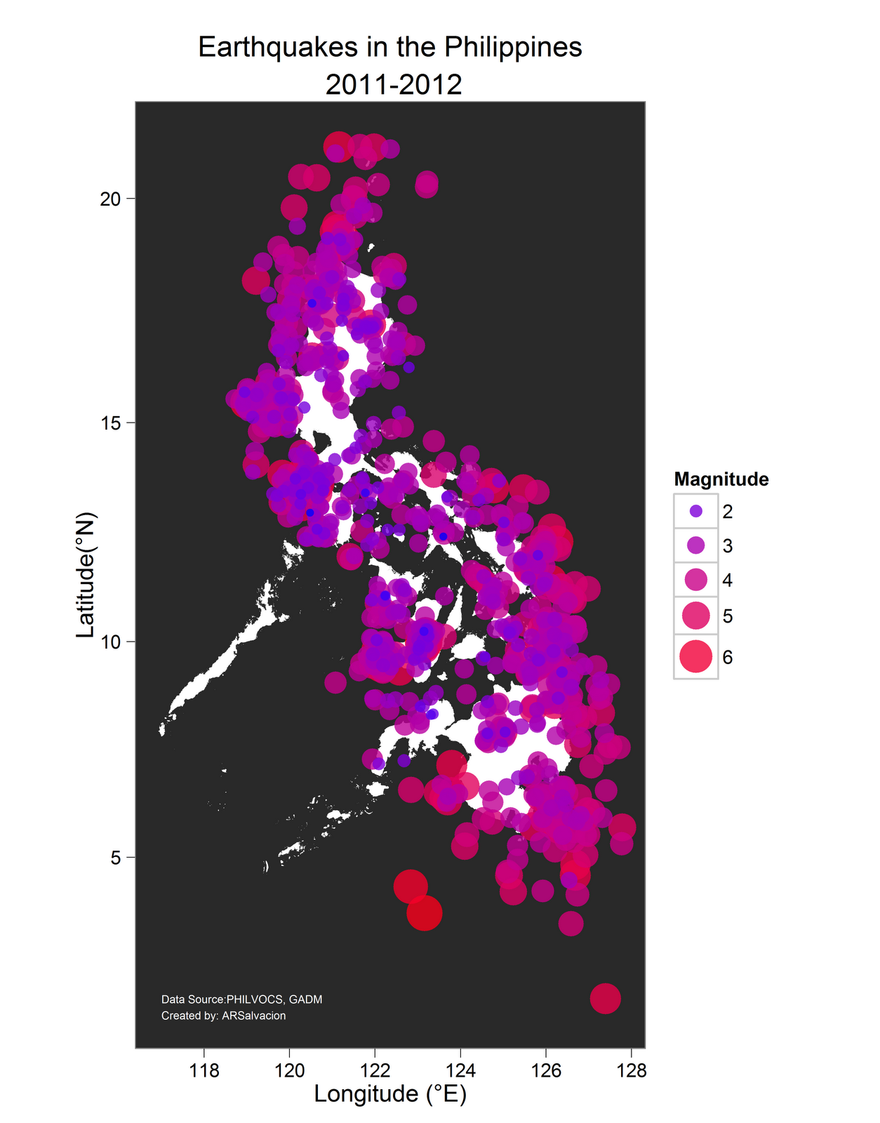 Data Analysis and Visualization in R: Mapping Philippines earthquake data from January 2011 to ...