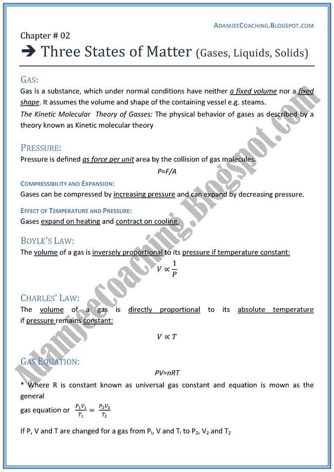 Adamjee Coaching: XI Chemistry Lectures - Three States of Matter Gases ...