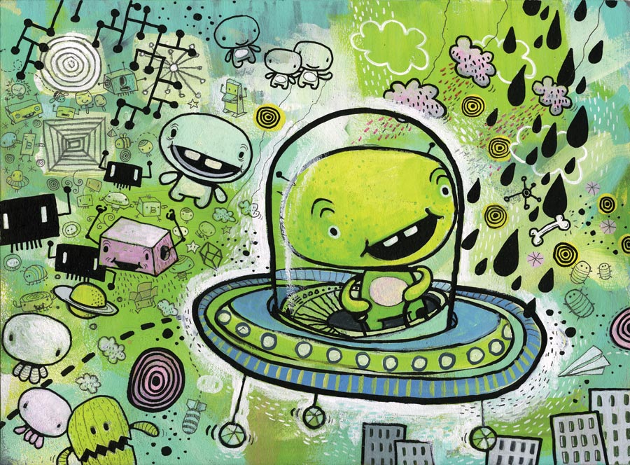 Jim Bradshaw Illustration: Green Alien Mixed Media