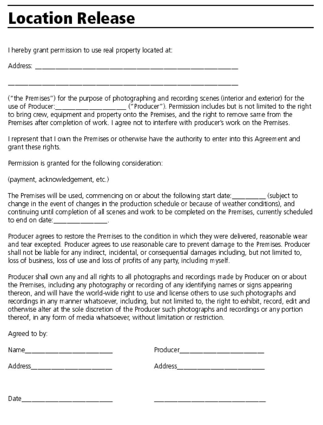 Grace Cambridge 9611: Location Release Form