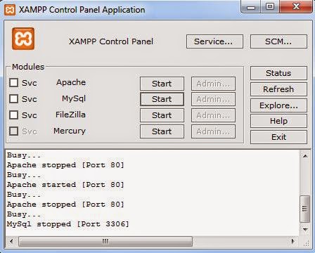 2. aktifkan database server dengan cara pilih tombol "START" pada modul MySQL, seperti dibawah ini: