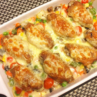 Baked chicken wings fried rice in creamy mushroom sauce by Fiona Wong