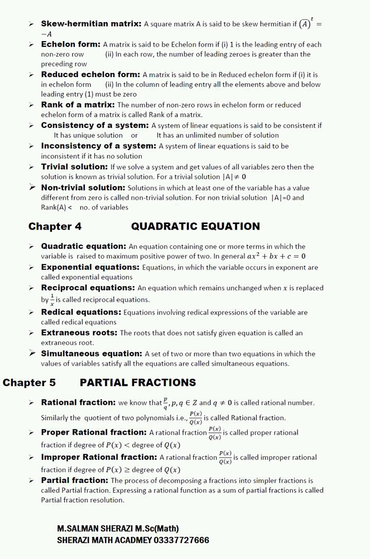 First Year Math Important Definitions - Zahid Notes