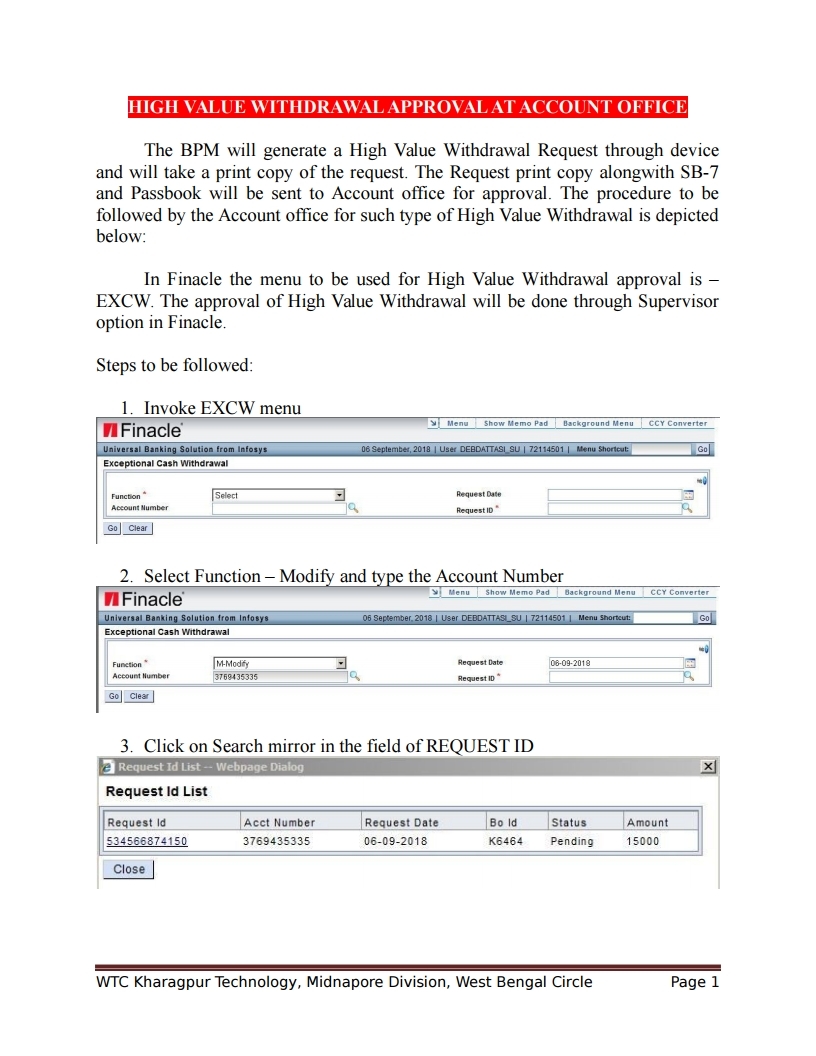 HIGH VALUE WITHDRAWAL APPROVAL AT ACCOUNT OFFICE [DARPAN-DOP FINACLE ...