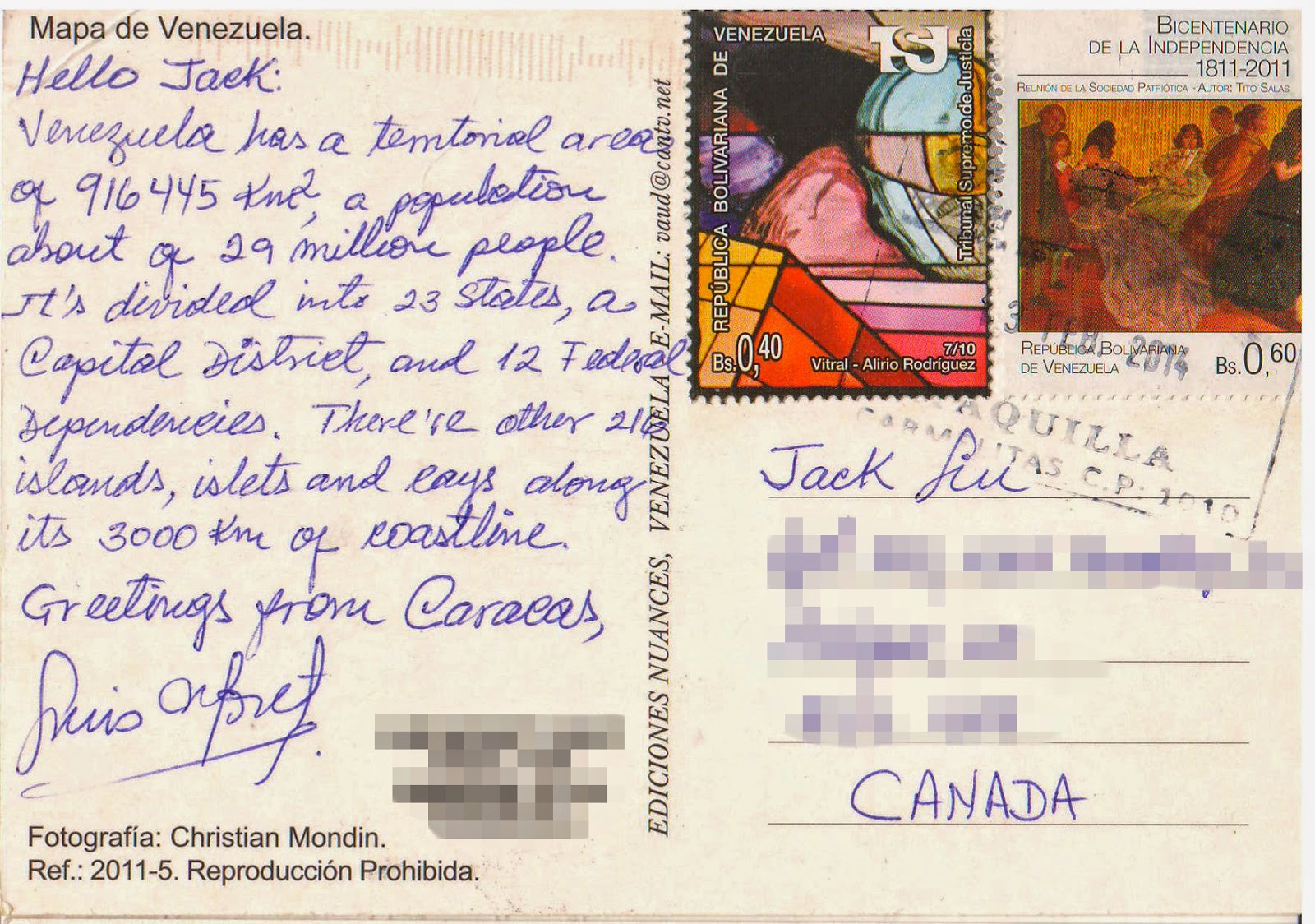 One postcard, One world: Postcard from Caracas, Venezuela