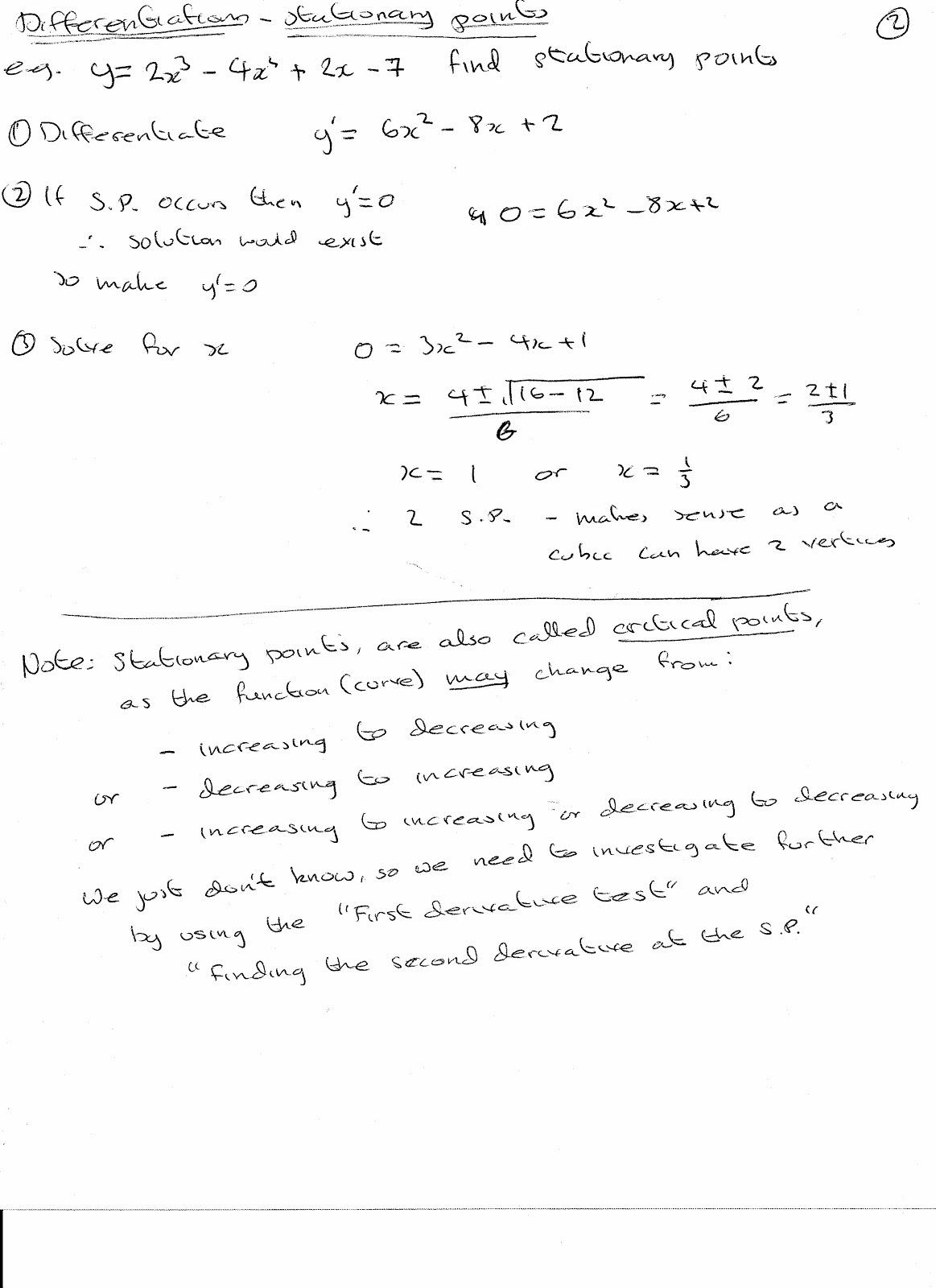 A Level Maths Notes: Differentiation - Stationary Points