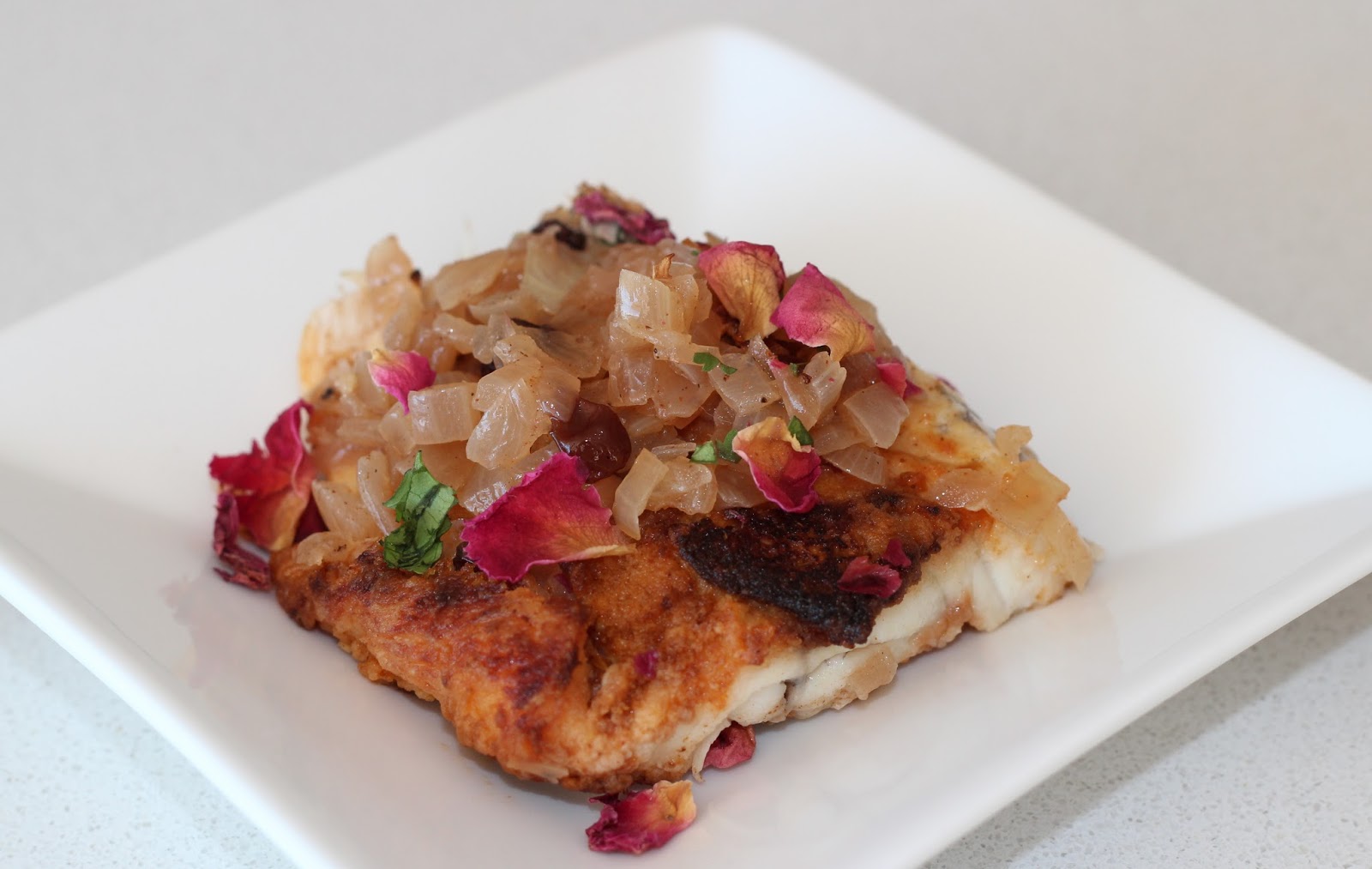 Lexi's Kitchen: PAN FRIED SEA BASS WITH HARISSA AND ROSES