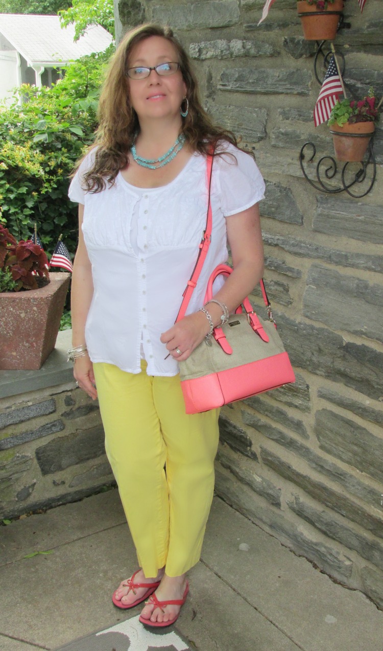 Style Idea: White and yellow outfit styled with coral accessories