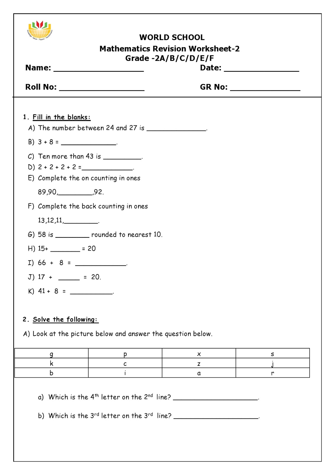 Birla World School Oman: Math Revision for Grade 2 as on 03-01-2019