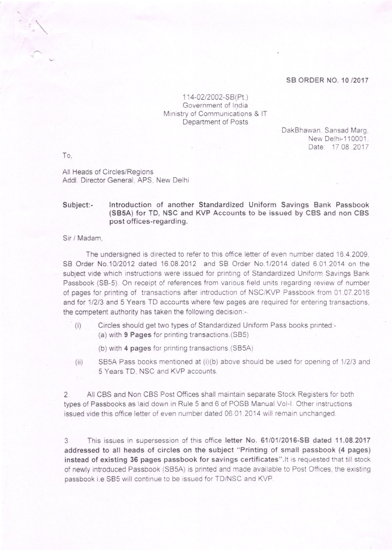 DOP ORDERS: Introduction of another Standardized Uniform Savings Bank ...