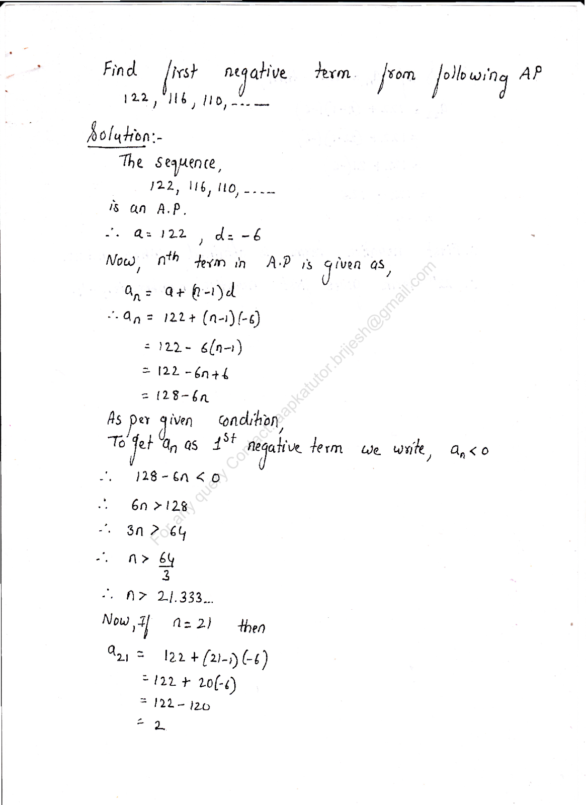 Find first negative term from the following A.P. 122, 116, 110,......