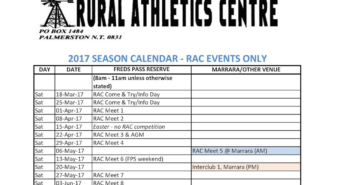RURAL ATHLETICS CENTRE: RAC Season calendars