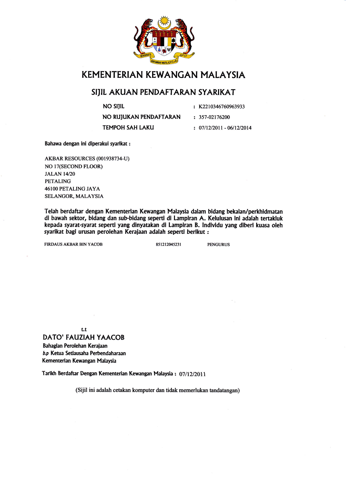 Kementerian Kewangan Malaysia (KKM) ~ AKBAR RESOURCES