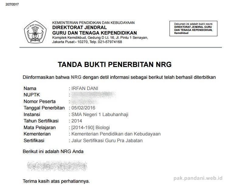 Cara Mencetak Tanda Bukti Penerbitan NRG Dari GTK Kemdikbud