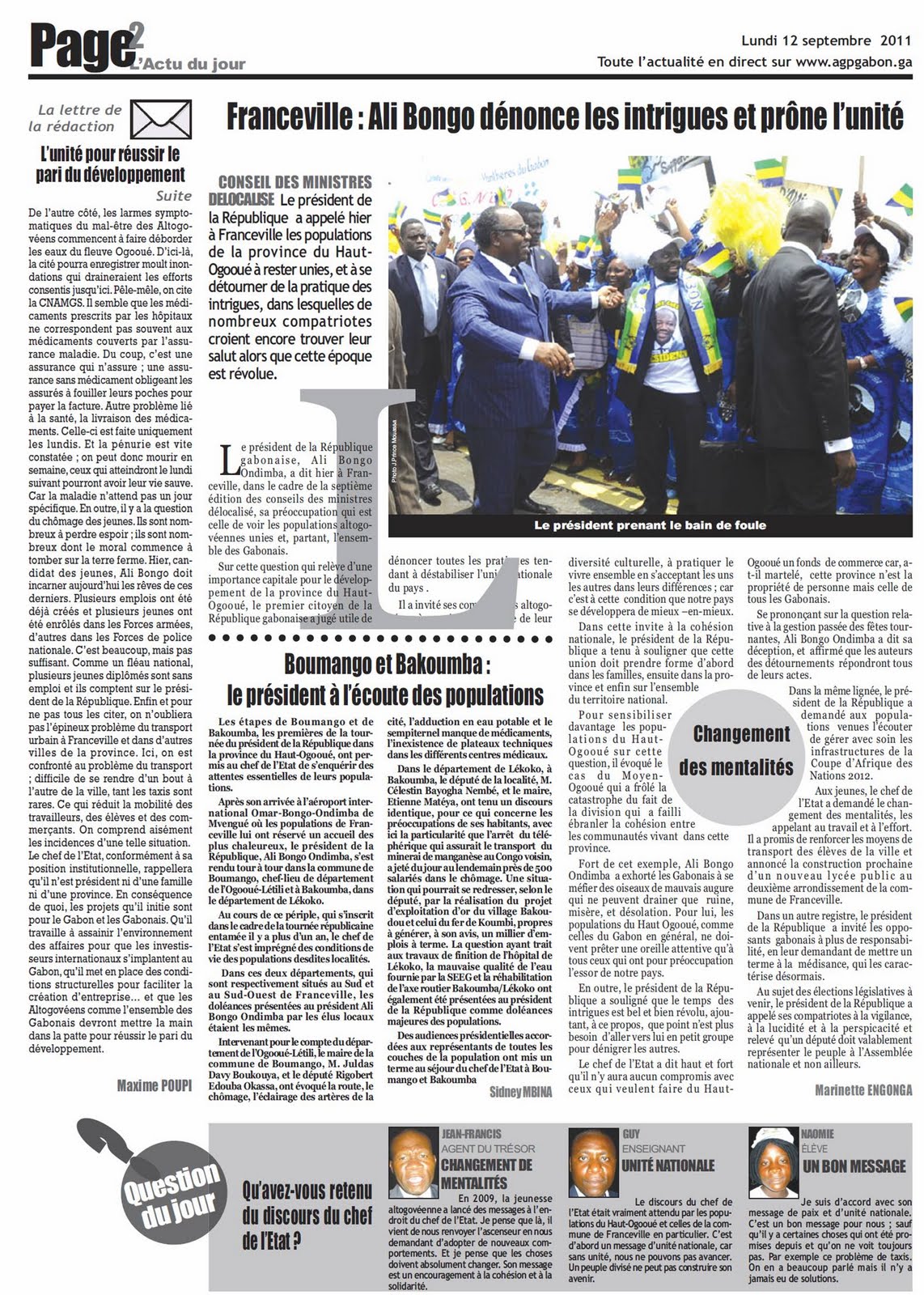 WE ARE PUBLISING THE GABONESE NEWSPAPER “GABON MATIN” OF MONDAY, 12 ...