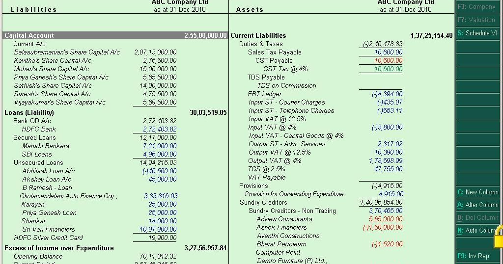 Detailed Balance Sheet