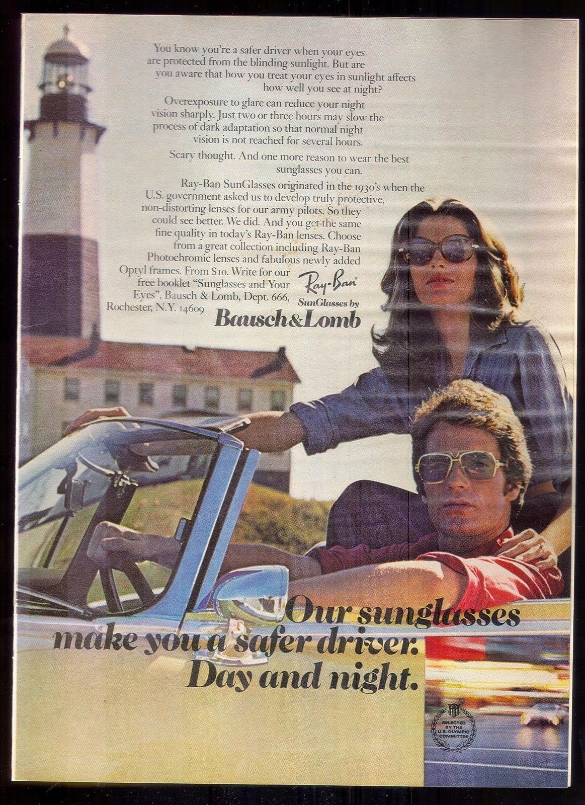 Designer Sunglasses: Vintage Print Ad 1974 Ray Ban sunglasses safer driver