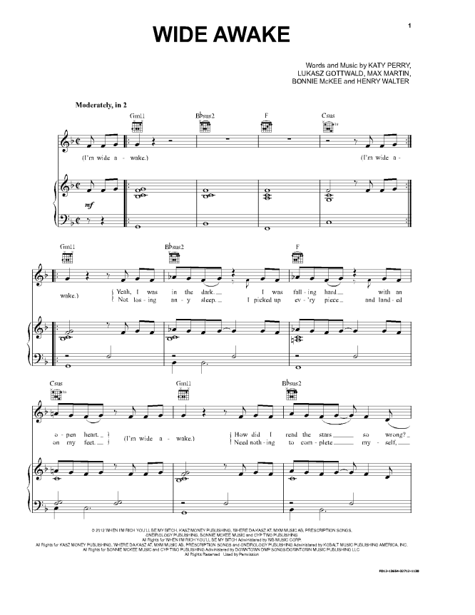 Partituras Musicais: Wide Awake - Katy Perry - Piano - n.º 1351
