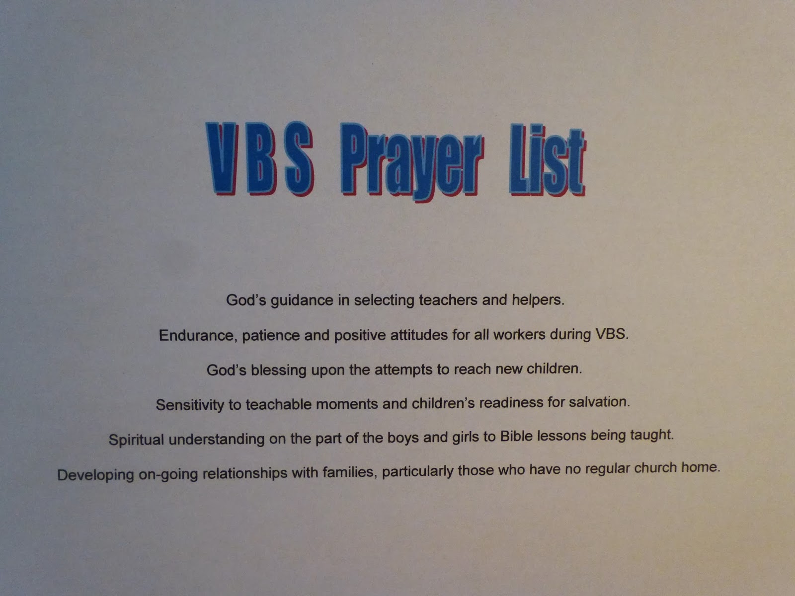 IDEAS UNLIMITED: VBS PRAYER LIST