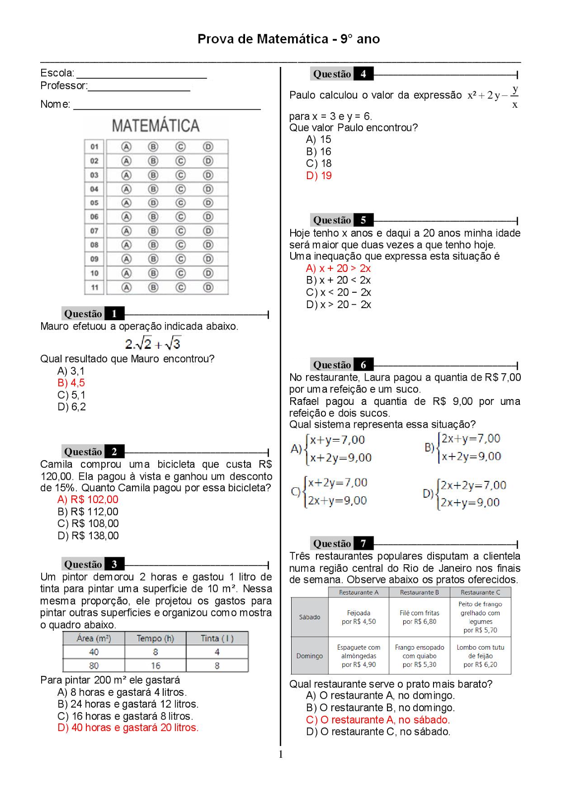 Provas De Matematica 9 Ano - NAZAEDU