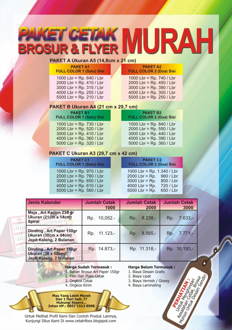 Contoh Produk Percetakan: Price List Cetakan