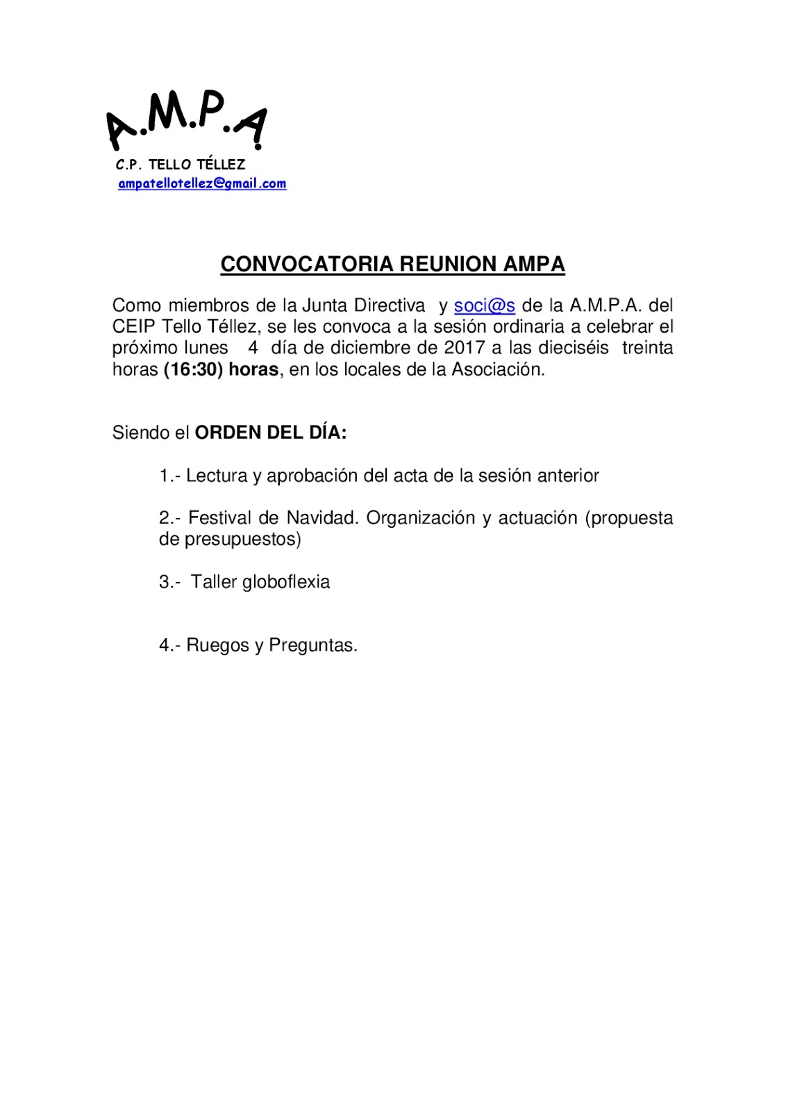 AMPA CEIP TELLO TELLEZ: CONVOCATORIA REUNIÓN AMPA: 4 DE DICIEMBRE 16:30.