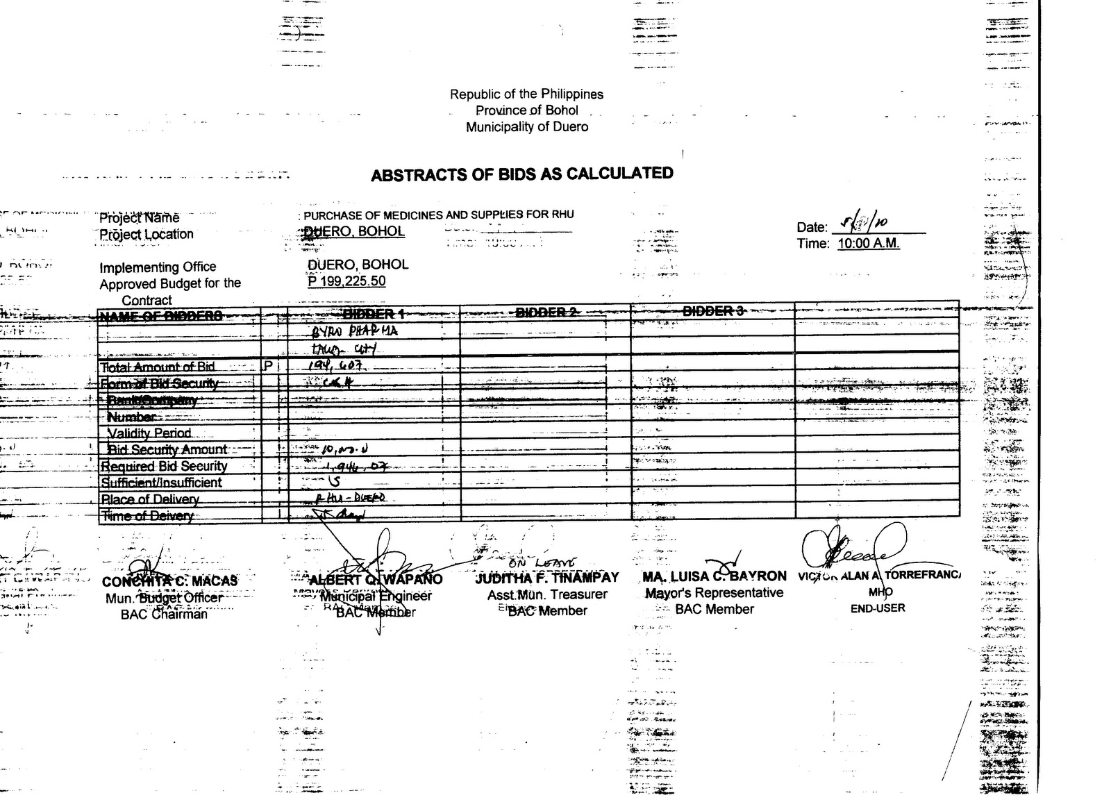 The Municipality of Duero, Bohol: * Abstract of Bids as Read