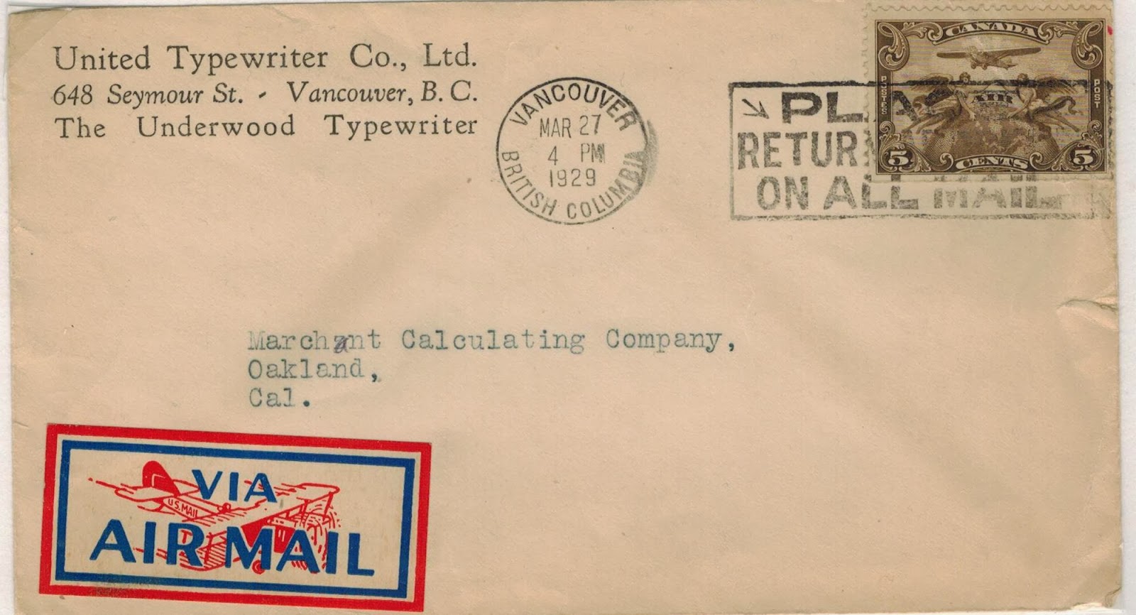 Postal History Corner: Air Mail Letter Rates from Canada to the United ...