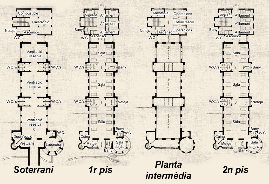 de Santa Creu a Sant Pau: Els pavellons de dos pisos i tres sales