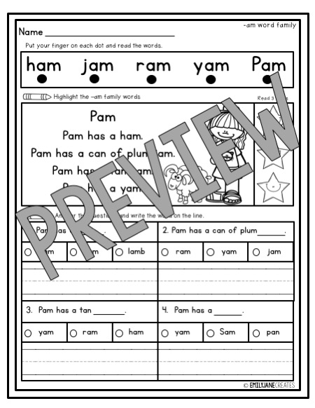 Emily Jane Creates: READING COMPREHENSION PASSAGES-CVC WORD FAMILY WORDS