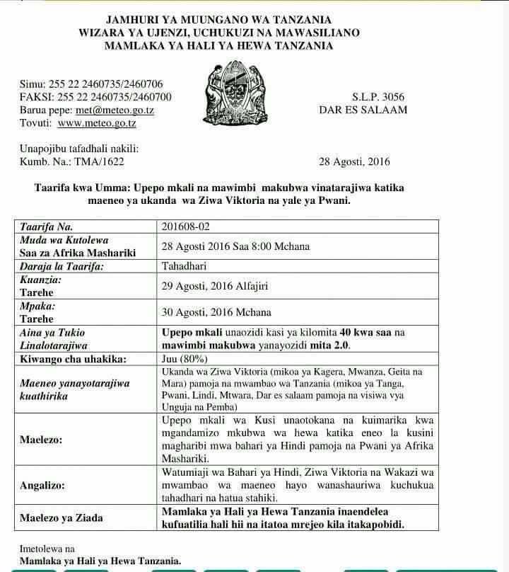 Taarifa muhimu kwa wananchi toka Mamlaka ya Hali ya Hewa Tanzania ...