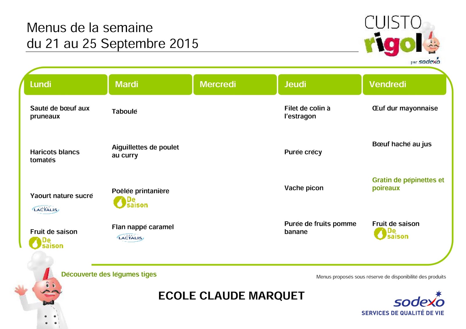 ECOLE CLAUDE MARQUET-PONTIVY: Menus de la cantine