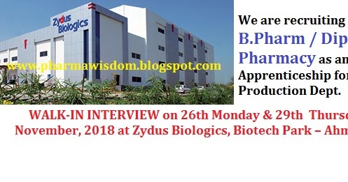 Walk-Ins for B.Pharm / D.Pharm Freshers @ Zydus Biologics on 26th & 29th Nov' 2018