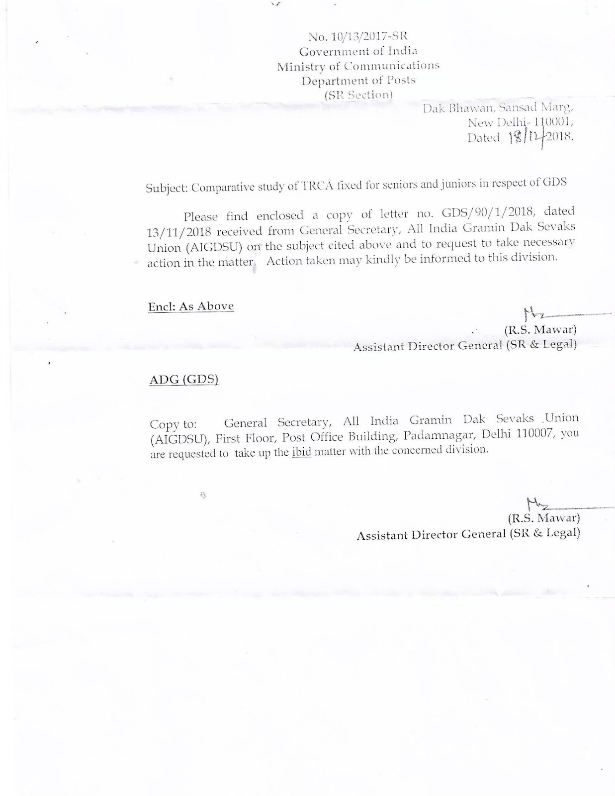 RURAL POSTAL EMPLOYEES: Acknowledgement from Department.