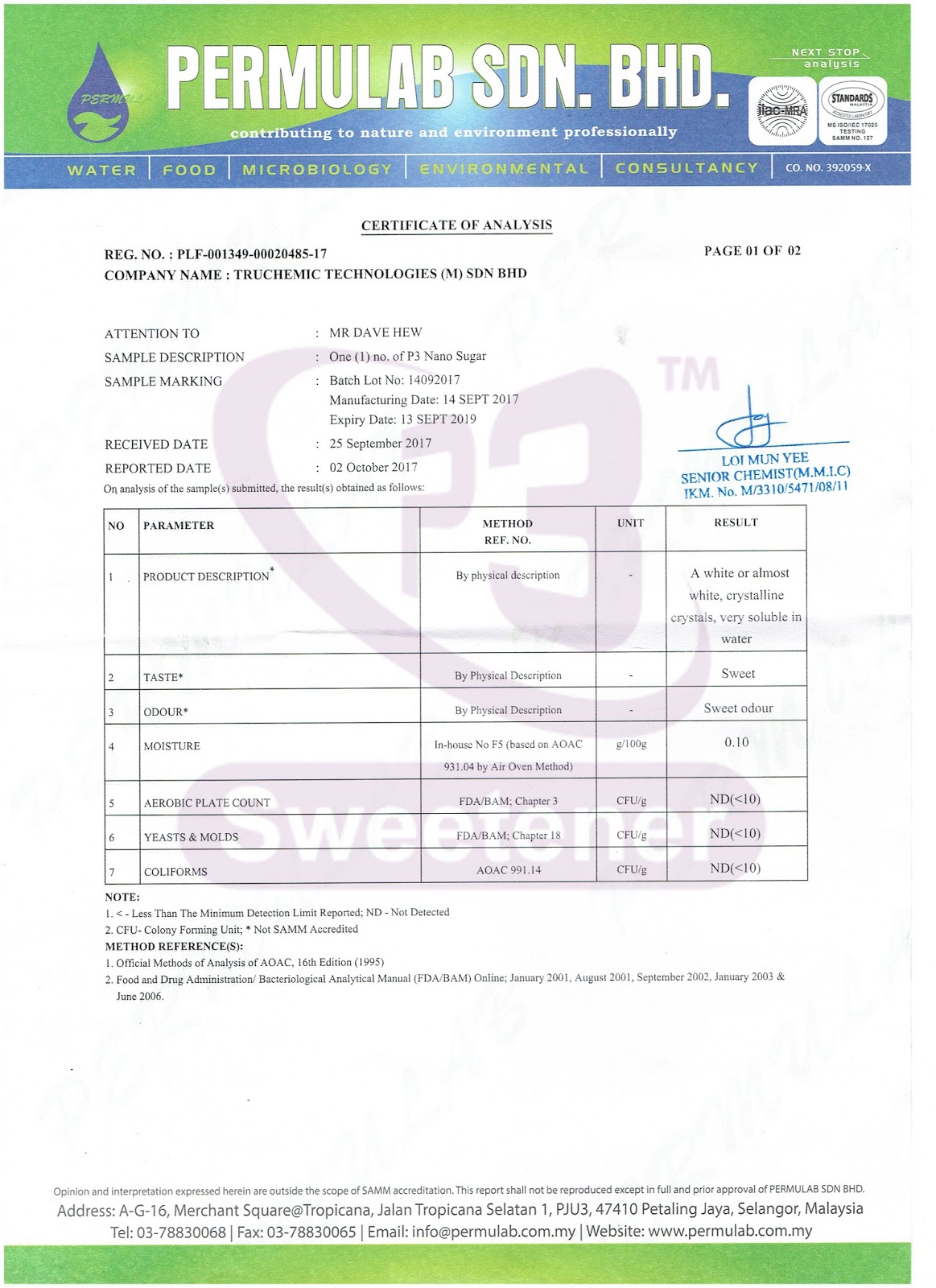 GULA SIHAT: LAPORAN MAKMAL P3 SWEETENER NANOSUGAR ADVANCE
