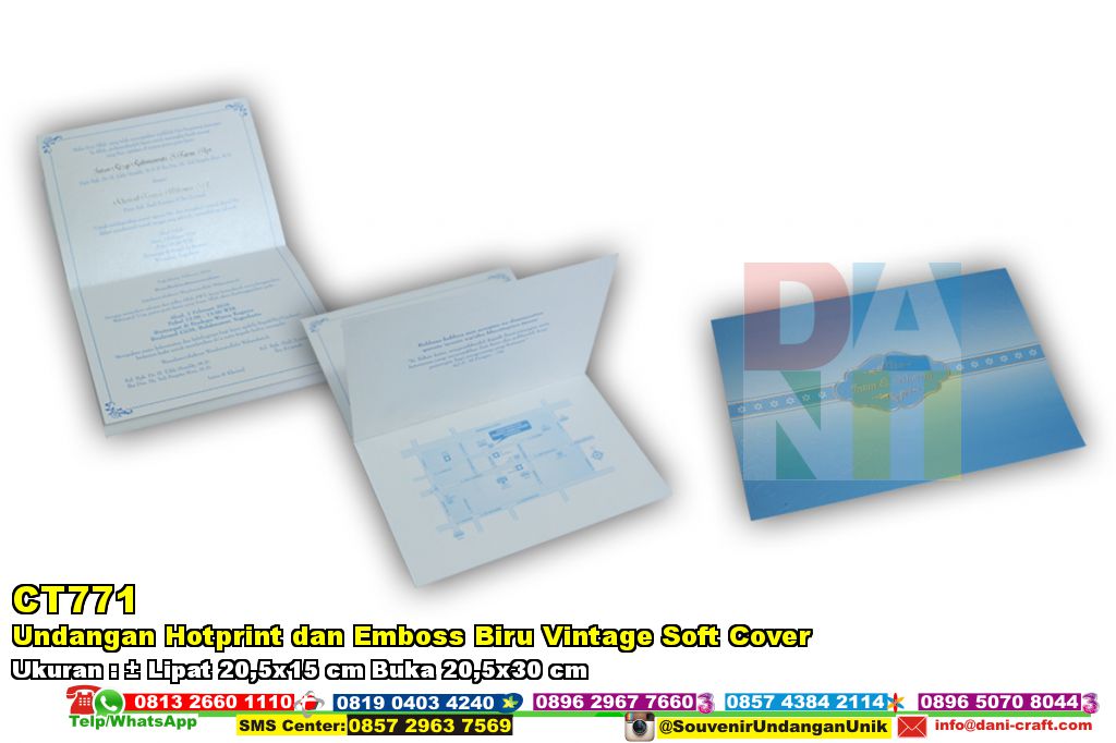 Undangan Hotprint Dan Emboss Biru Vintage Soft Cover | Souvenir Pernikahan