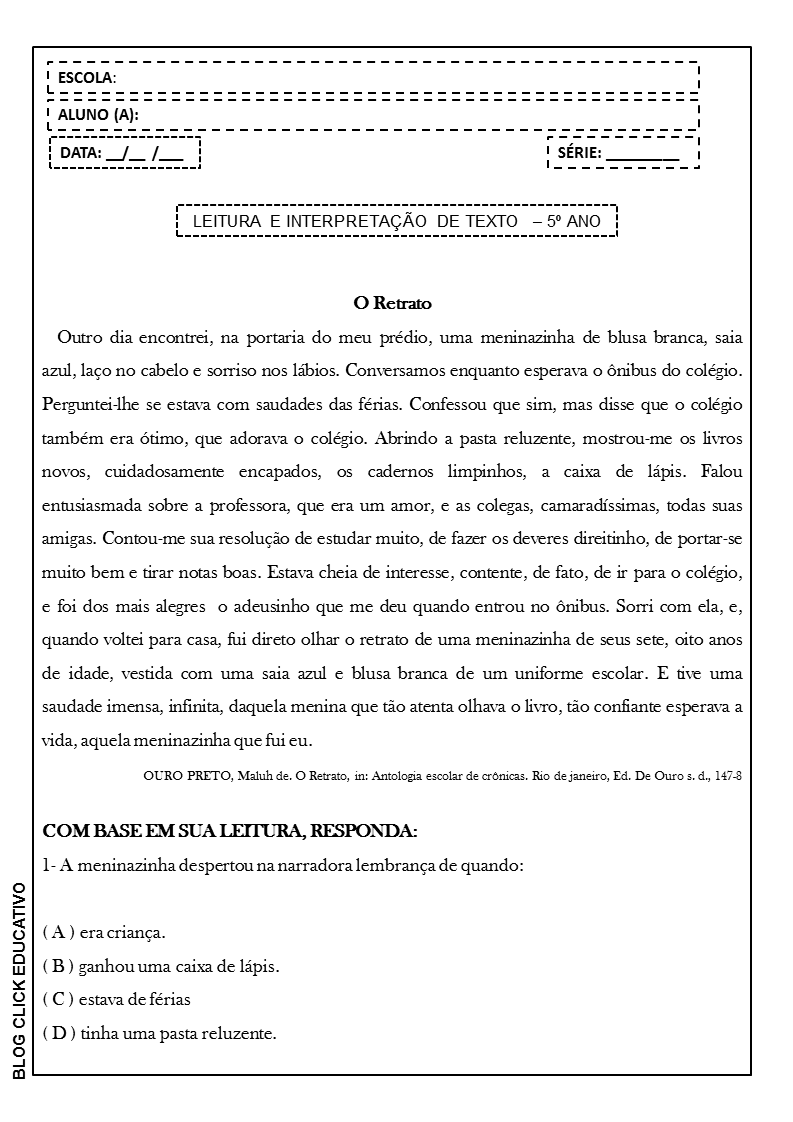 Click Educativo: Leitura e interpretação de texto para 5º Ano: O retrato